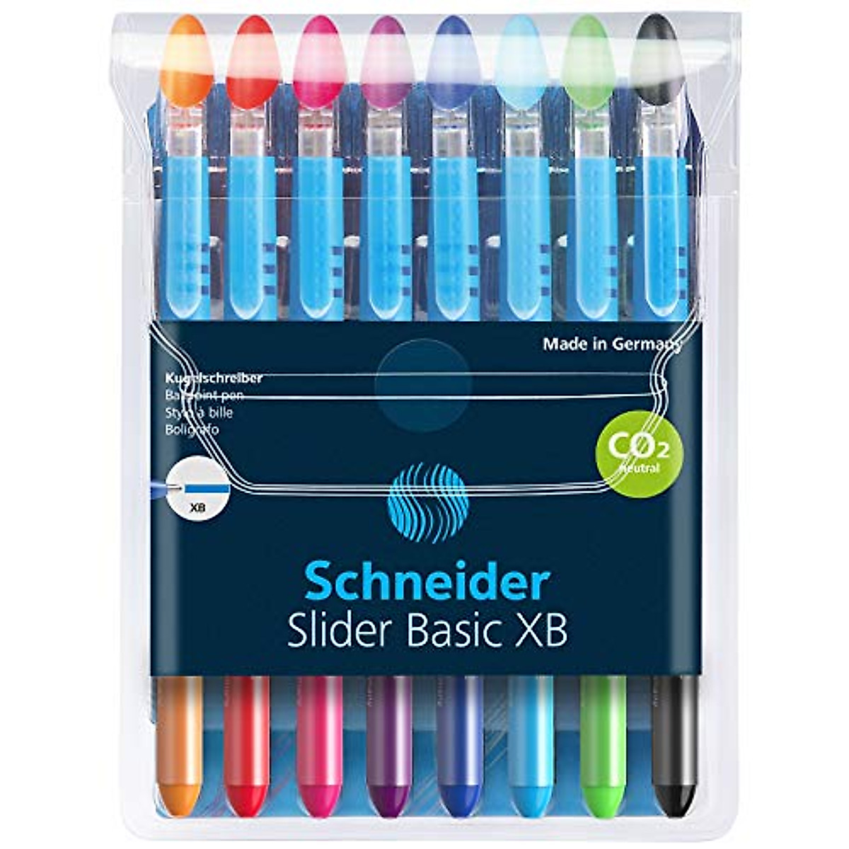 Schneider Slider Basic XB (Extra Broad) Ballpoint Pen, 1.4 mm, Transparent Barrel, Assorted Ink Colors, Pack of 8 Pens (151298)