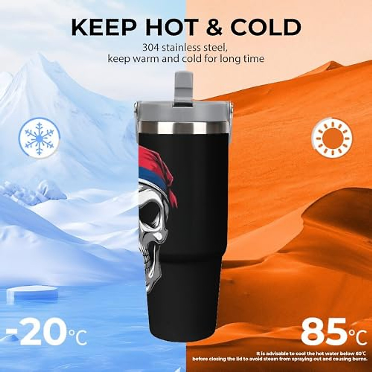 Serbian Serb Flag Skull 30 OZ Insulated Tumblers with Handle And Straw Leakproof Vacuum Insulated Stainless Steel Water Bottle for Car Fishing Travel
