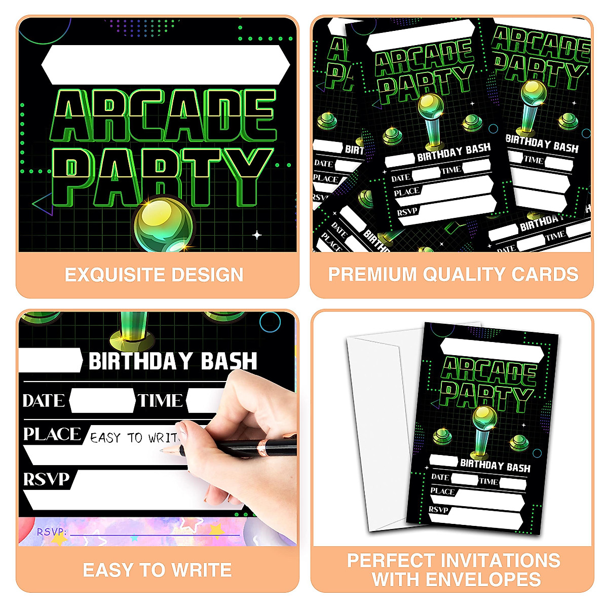YQV Arcade Birthday Party Invitations, 20-Count Arcade Video Game Birthday Party Invites With Envelopes-HBYQK-B26