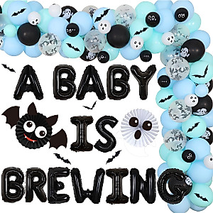 Halloween Baby Shower Decorations for Boy - A Baby is Brewing Blue Balloon Garland Arch Kit Ghost Bat Foil Balloon Baby Shower Pregnancy Announcement Gender Reveal Party Supplies