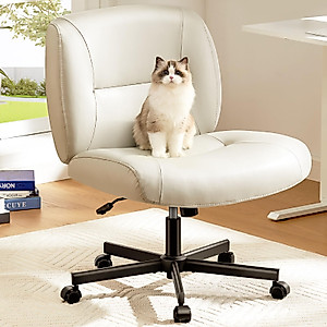Marsail Criss Cross Chair with Wheels, Scratch-Resistant PVC Leather Cross Legged Office Chair, Wide Mid-Back Comfy Armless Desk Chair, Height Adjustable Vanity Computer Chair for Home Office