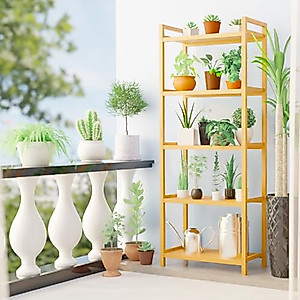 BeiBeGood Bookshelf, 5-Tier Bamboo Ladder Shelf 49” Tall Book Shelf Organizer, Free Standing Storage Unit for Bathroom/Living Room/Bedroom/Kitchen/Office,Rust Resistance,Natural
