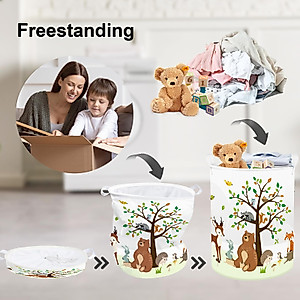 Clastyle 63L Large Woodland Animal Tree Kid Laundry Hamper with Handle for Boy Girl Collapsible Clothes Toy Storage Basket with Lid for Bedroom Bathroom Nursery