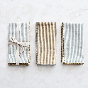 Creative Co-Op Square Cotton Scalloped Edge and Stripes, Set of 4, 2 Colors Napkin, Multi