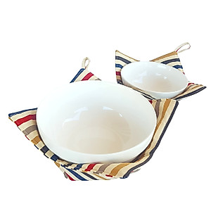 CUSHYSTORE 2 Bowl Cozies Canvas Holders Heat and Cold Resistant Anti-Scalding Protector 8.5" Large 7.5" Small (Retro Stripe)