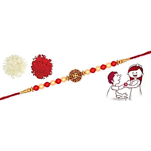 Dmoksh Rakhi for Brother 4 Pics Rakhi Set Designer Rakhi for Brother With Roli & Rise|God Rakhi for Raksha bandhan |Bracelet Rakhi|Wooden Beads&Pearl|Best Gift Rakhi for Brother.