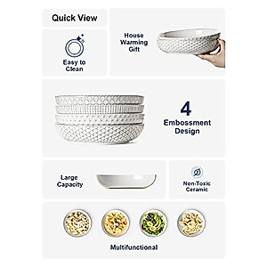 LE TAUCI Pasta Bowls, 42oz Large Salad Bowl, Serving Plate House-warming Wedding Gift, Ceramic Embossment Stoneware Bowl for Fruits, Noodle, Dinner - 9 Inch, Set of 4, Arctic White