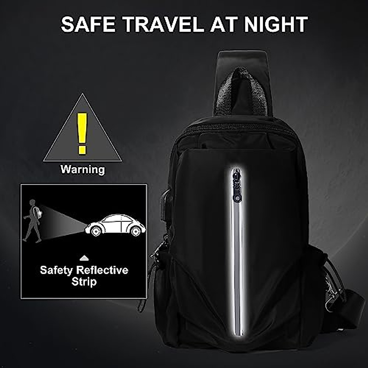 KEYEMP Small Sling Crossbody Bag Backpack Waterproof Lightweight Shoulder Travel Hiking Chest Bags with USB Charging Port for Men Women, Black