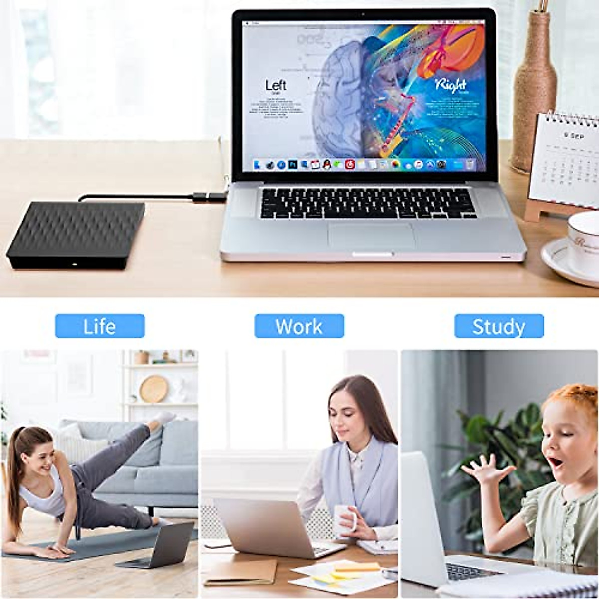 LPUNCD External CD/DVD Drive for Laptop USB 3.0 & Type-C，External CD DVD Burner CD/DVD+/-RW Rewriter for Laptop, Desktop, iMac, MacBook, Compatible with Windows 11/10/XP/8/7/Vista/Linux/MacOS, Black