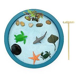 Japanese Zen Garden Mini Kit for Desk - Ocean Beach Theme - Relaxation, Meditation & Mindfulness - Gift for Birthdays, Christmas, Etc. - Includes Rake, Sand, 10+ Accessories! - Tray Diameter 8.5"