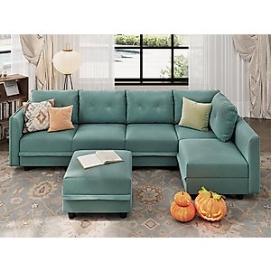 LLappuil Modular Sectional Sofa, Convertible L Shaped Sectional Couch with Storage, Faux Leather Fabric, Modular Sectionals with Chaise, 5 Seats with Ottoman Sofas for Living Room, Aqua Blue