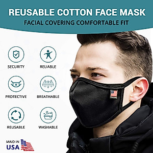 MEGLIO Cotton Mask Reusable Washable Double Layered made in USA with flag label Pack of 2 (Black)