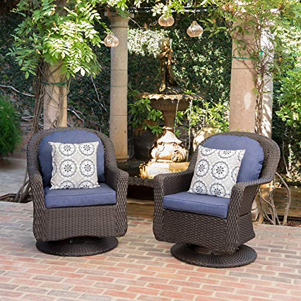 Christopher Knight Home Liam Outdoor Wicker Swivel Club Chairs with Water Resistant Cushions, 2-Pcs Set, Dark Brown / Navy Blue
