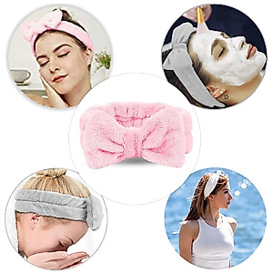 NYKKOLA 2 Pack Spa Headband,Bowknot Coral Fleece Elastic Headband With 2 Silicone Face Mask Brush,for Women Girls Washing Face Beauty Skincare And Sports. (Gray,Pink)