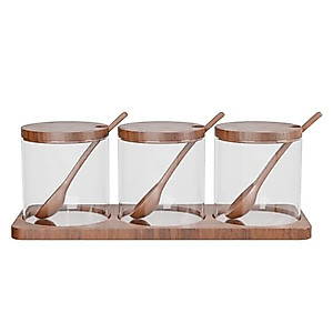 Essos Round Glass and Wood Condiment 3 pc Jars Set with spoon Tray Sugar Food Storage Containers with Wood Lids and Wooden Spoon for Coffee Spice Storage Container