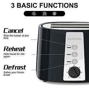 SEEDEEM Toaster 2 Slice, Extra Wide Slot Toaster, 7 Shade Settings, Bread Toaster with Cancel, Defrost, Reheat Function, Extra Wide Slots for Waffle or Bagel, Removable Crumb Tray, 750W, Classic Black