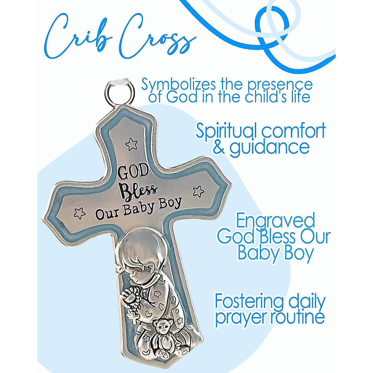 Ganz U.S.A., LLC Ornate Crib Cross Decor with White Ribbon Baby Boy for Baptism, Christening, Baby Shower God Bless Our Baby Boy