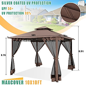 COBIZI 10x10 Gazebos on Clearance, Outdoor Gazebo with Mosquito Netting and Double Roof, Metal Gazebo with Steel Frame, Easy Set Water-Resistant Patio Gazebo for Gardens, Lawns & Backyard, Brown