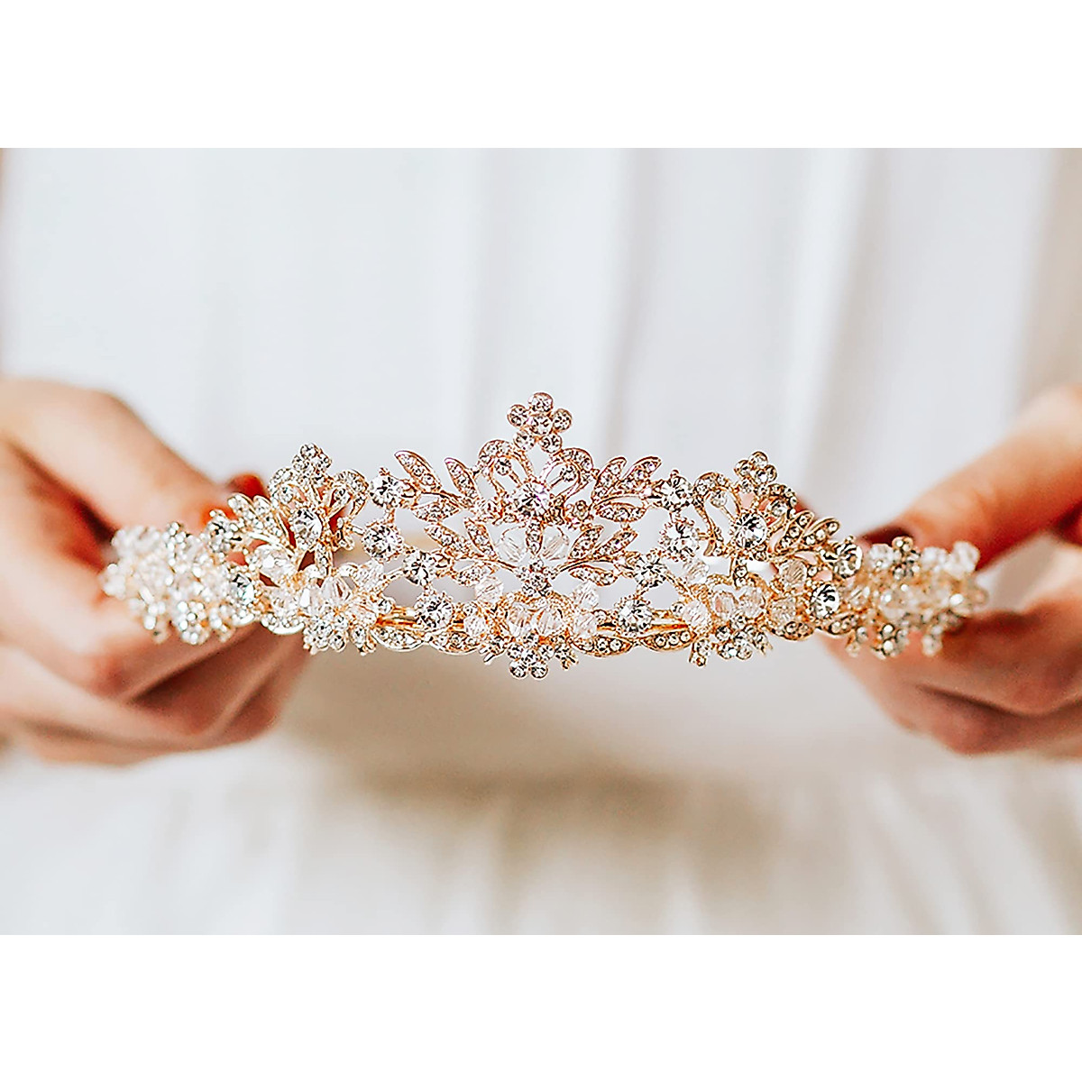 SWEETV Rose Gold Wedding Tiara for Women and Girls - Pageant Tiara Headband, Rhinestone Bridal Crown for Brides