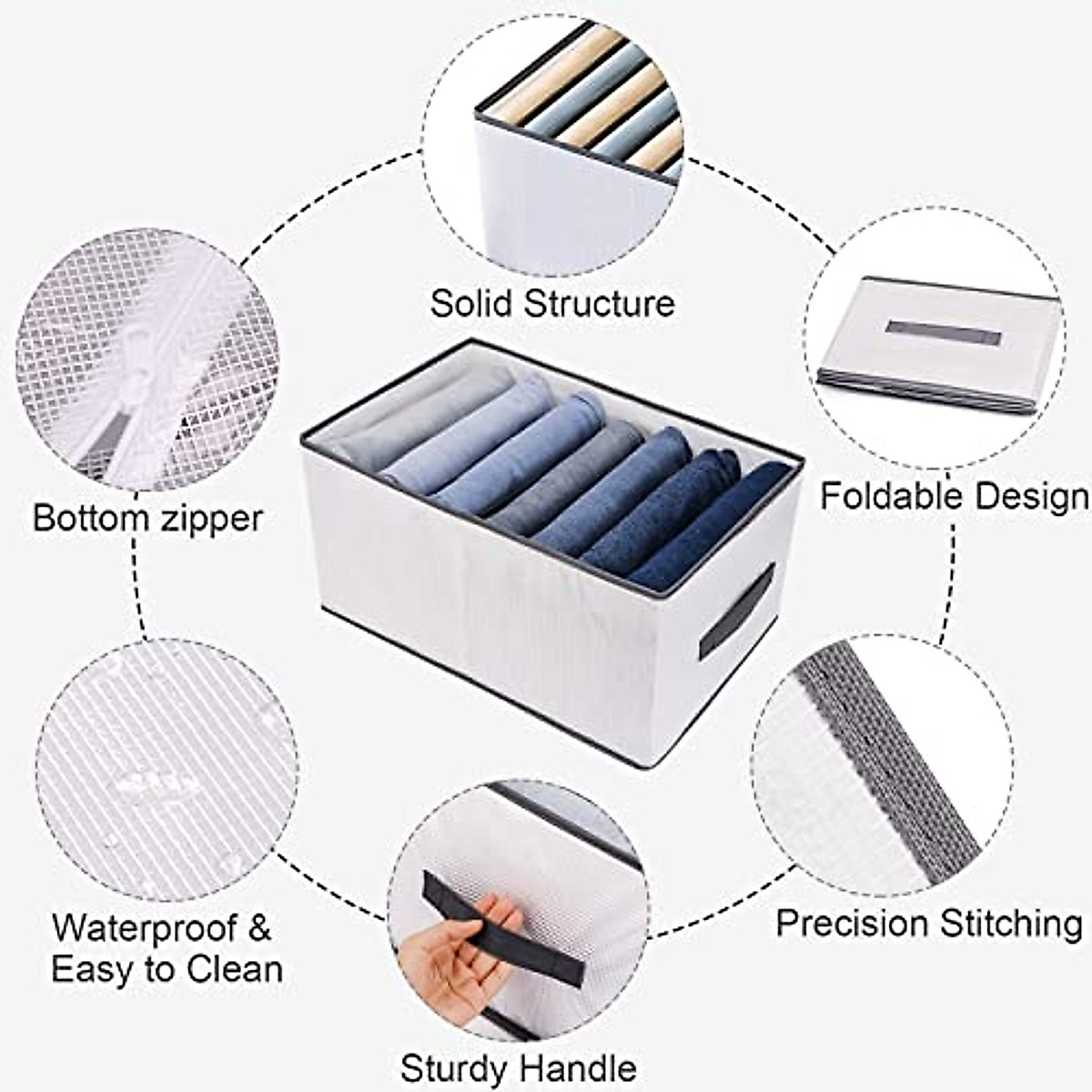 TOOVREN Jeans Organizer for Closet Extra Large 7 Grids, Upgraded Wardrobe Clothes Organizer with Handle, Sturdy Foldable Clothes Storage Box for Adults Jeans Pants, Sweaters (Built-In PP Board),3 Pack