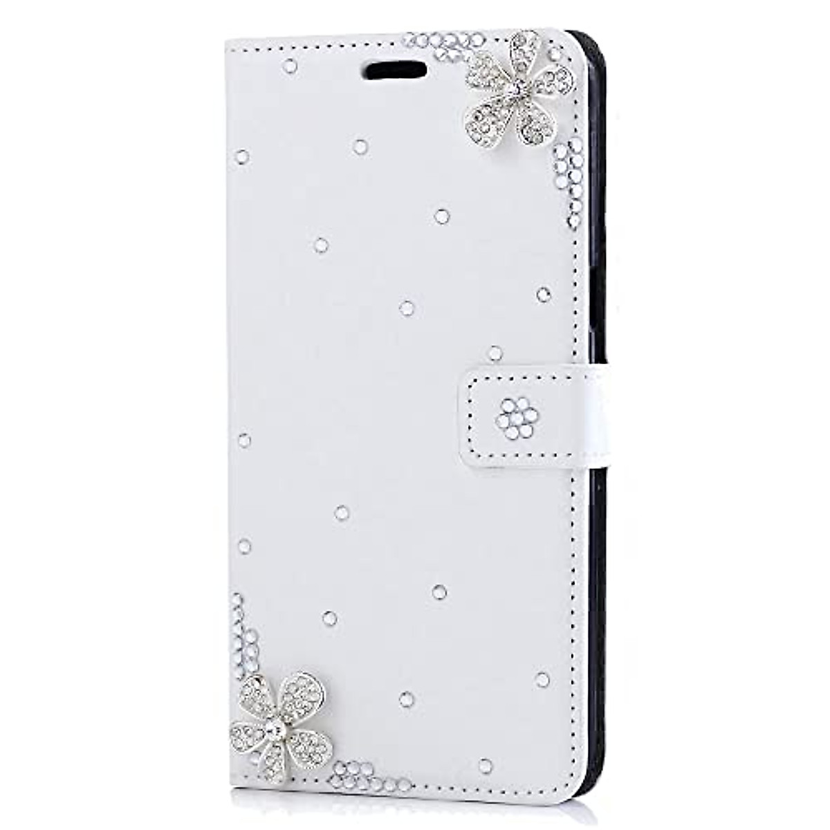 Fairy Art Crystal Wallet Case Compatible with Samsung Galaxy Z Fold 5 - Little Flowers - White - 3D Handmade Sparkly Glitter Bling Leather Cover with Screen Protector & Neck Strip Lanyard