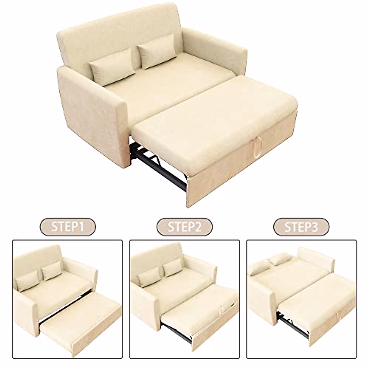 FOKWE Modern Pull Out Sofa Bed, Velvet Convertible Sleeper Sofa Couch Loveseat Sofa with Pull-Out Bed, Adjustable Backrest and 2 Pillows for Living Room,Beige