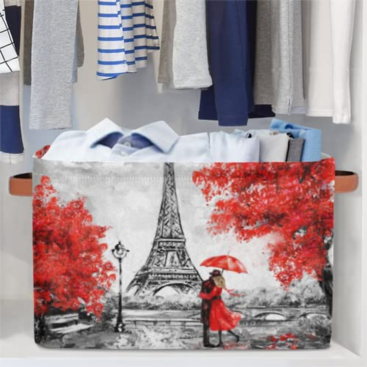 Rectangular Paris Baskets, Girls Storage Bins Kids Storage Basket with PU Leather Handles Cute Baskets Clothes Toys Box Books Baskets Gifts Baskets for Closet Shelf Nursery Bedroom 15x11x9.5 In