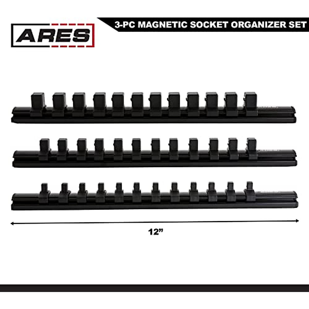 ARES 60053-3-Piece Black Magnetic Socket Organizer Set - Aluminum Rails Store up to 12 Sockets Each and Keep Your Tool Box Organized