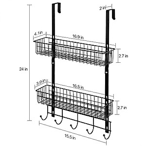 NEX Over The Door Hooks Organizer Hanger, Coat Hooks Towel Rack with 2 Mesh Basket 5 Hooks Hanging Storage Spice Rack Rustproof for Bathroom Bedroom Kitchen Back of Door Storage Shelves, Black
