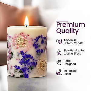 Vionami Gifts for Women Scented Pillar Candle - Long Burning Natural Soy Wax Scented Candle for Home - Gift-Boxed Hand Poured Luxury Candle with Dried Flowers & Tropical Rare Flower Scent (Forget Me)