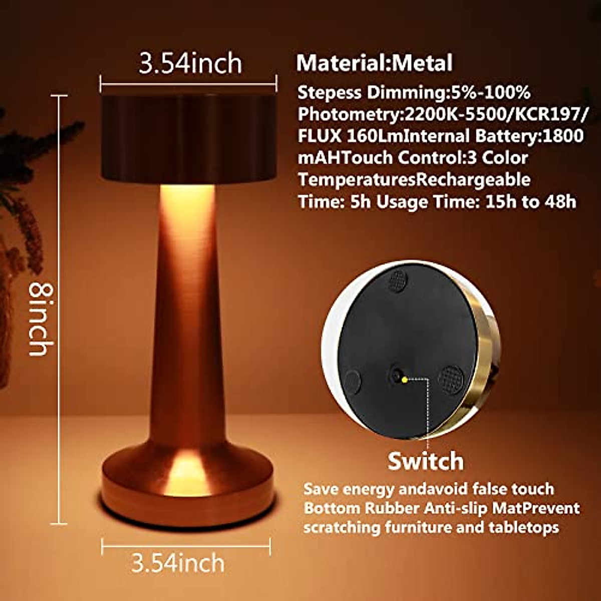 Nusogon Cordless Table Lamp, Rechargeable Battery Operated Lamp, 3 Way Modes & Stepless Dimmable LED Touch Lamp, Portable LED Metal Desk Lamps for Bedroom Living Room Restaurant Outdoor(Gold-2pack)