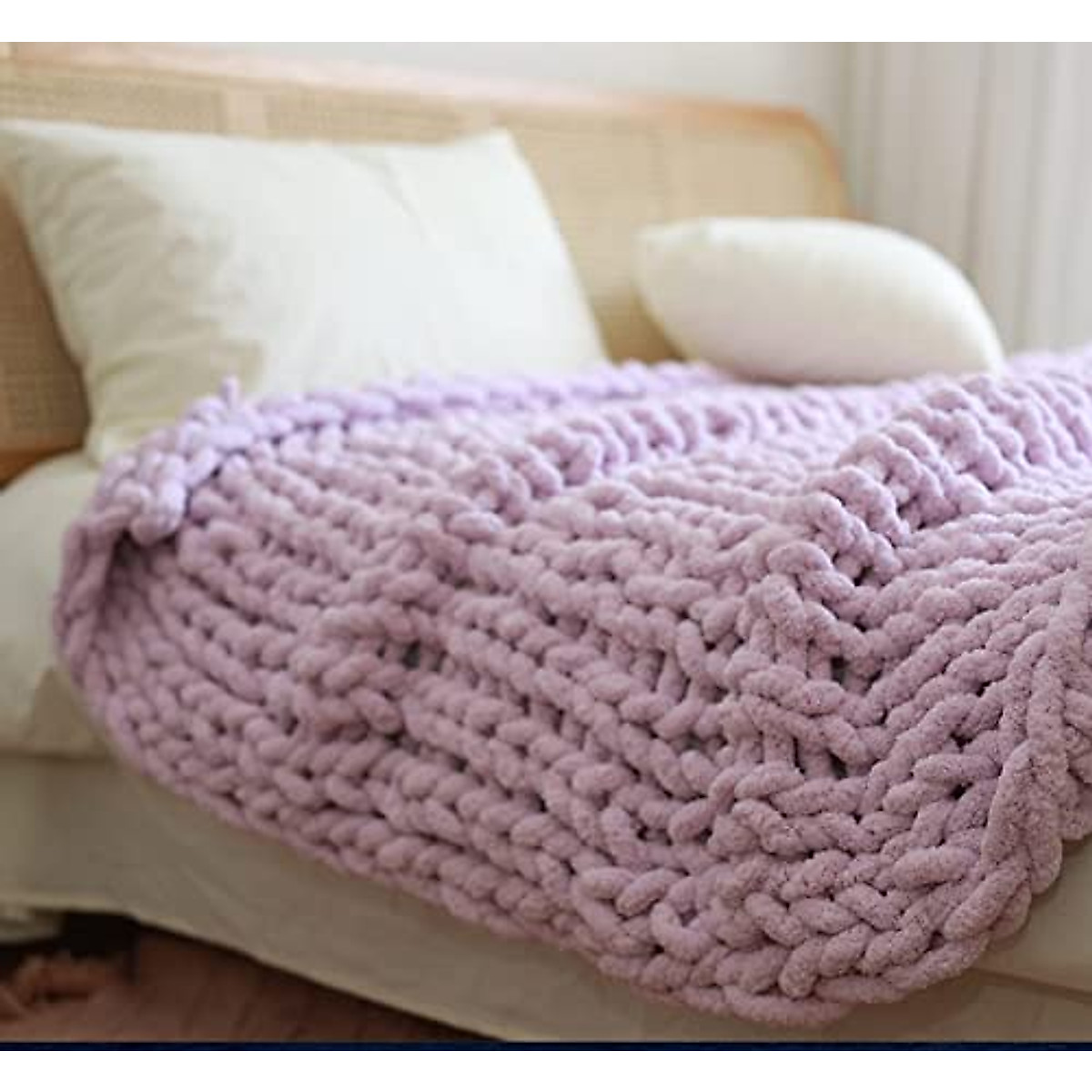 Victusphia Chunky Knit Blanket Throw Chenille Knitted Yarn Throw Blanket for Couch & Bed Fall Decor Large Soft Comfy Cable Blankets & Throws Purple Lavender 50"x60"