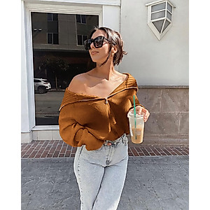 BTFBM Women’s Casual Long Sleeve Half Zip Pullover Sweaters Solid V Neck Collar Ribbed Knitted Loose Slouchy Jumper Tops(Solid Khaki, Medium)