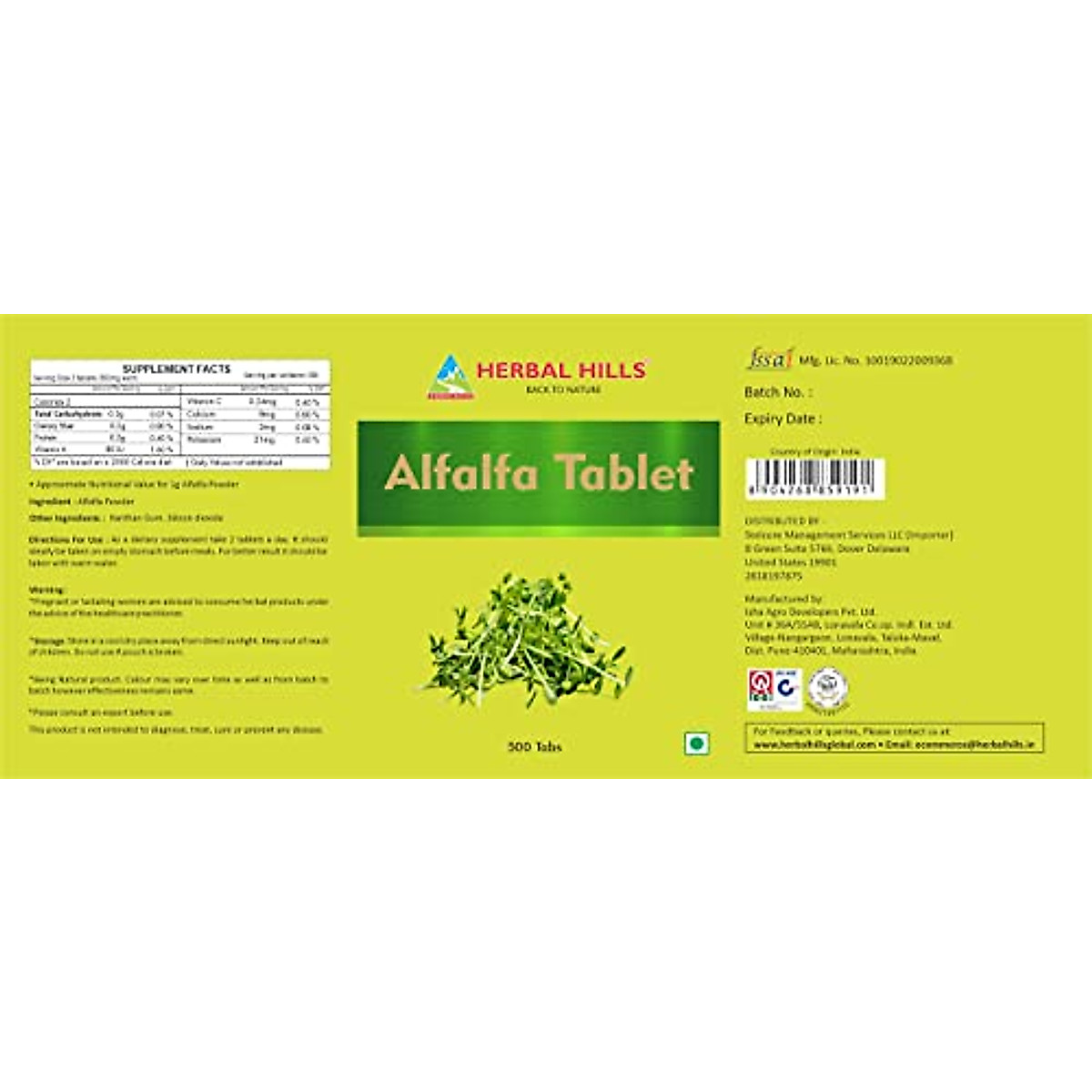 HERBAL HILLS Alfalfa Tablets | 500 Count | Source of Vitamin A | Natural Green Superfoods