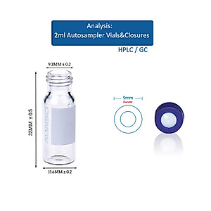 ALWSCI 2 ML 9 mm HPLC Vial，Clear Autosampler Vial, Borosilicate Sample Vial with Graduation, 9-425 Type Screw Threaded Vial, Blue Screw Cap with Hole, Red PTFE&White Silicone Septa, 100 of Pack