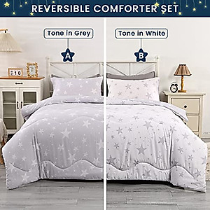 Qucover Star Comforter Set Full Size, 3-Piece Reversible Grey & White Star Pattern Bedding Comforter Set for Boys, Girls, Teen, Super Soft Warm Winter Thick Comforter with 2 Pillowcase, 79x90 in