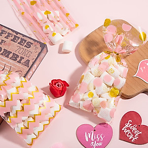 Whaline 120 Pack Valentine's Day Cellophane Bags with Twist Ties Wedding Cello Bags Pink Gold Goodie Treat Bags Dots Stripes Stars Hearts Candy Bags for Baby Shower Birthday Valentines Party Supplies