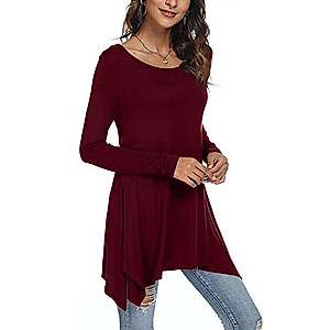 POPYOUNG Womens Fall Long Sleeve Asymmetrical Hem Loose Tunic Tops Flowy Casual Blouses Shirt L, Wine Red