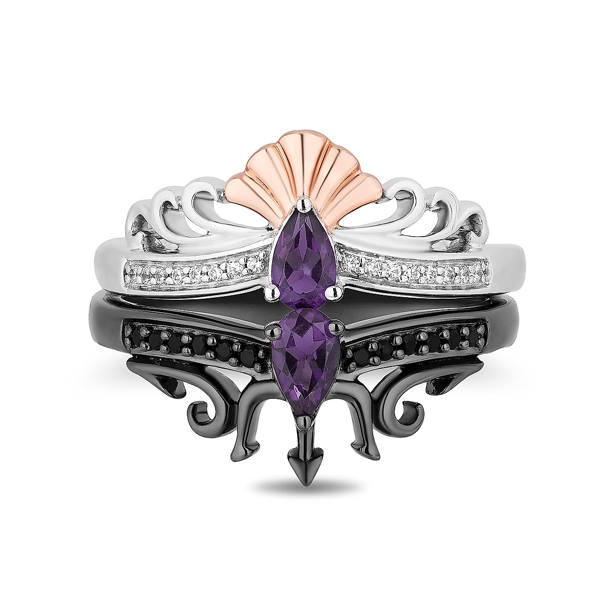 Jewelili Enchanted Disney Fine Jewelry Black Rhodium &14K Rose Gold Over Sterling Silver 5x3 MM Pear Amethyst with 1/5 Cttw Treated Black & Natural White Round Diamond Ariel Villains Duo Ring, Size 8
