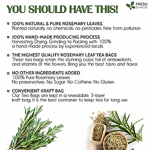 FreshDrinkUS, 100 Rosemary Leaf Tea Bags, Made with 100% Natural Rosemary Dried Leaves, Pure Rosemary Herbal Tea, No Additives, No Caffeine, No Gluten, Vegan.