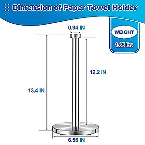SMARTAKE Paper Towel Holder, Standing Kitchen Roll Holder with Suction Cups, One-Hand Tear Paper Towel Stand, Non-Slip Weighted Base, Fit Most Paper Rolls, for Kitchen Table Countertop, Silver