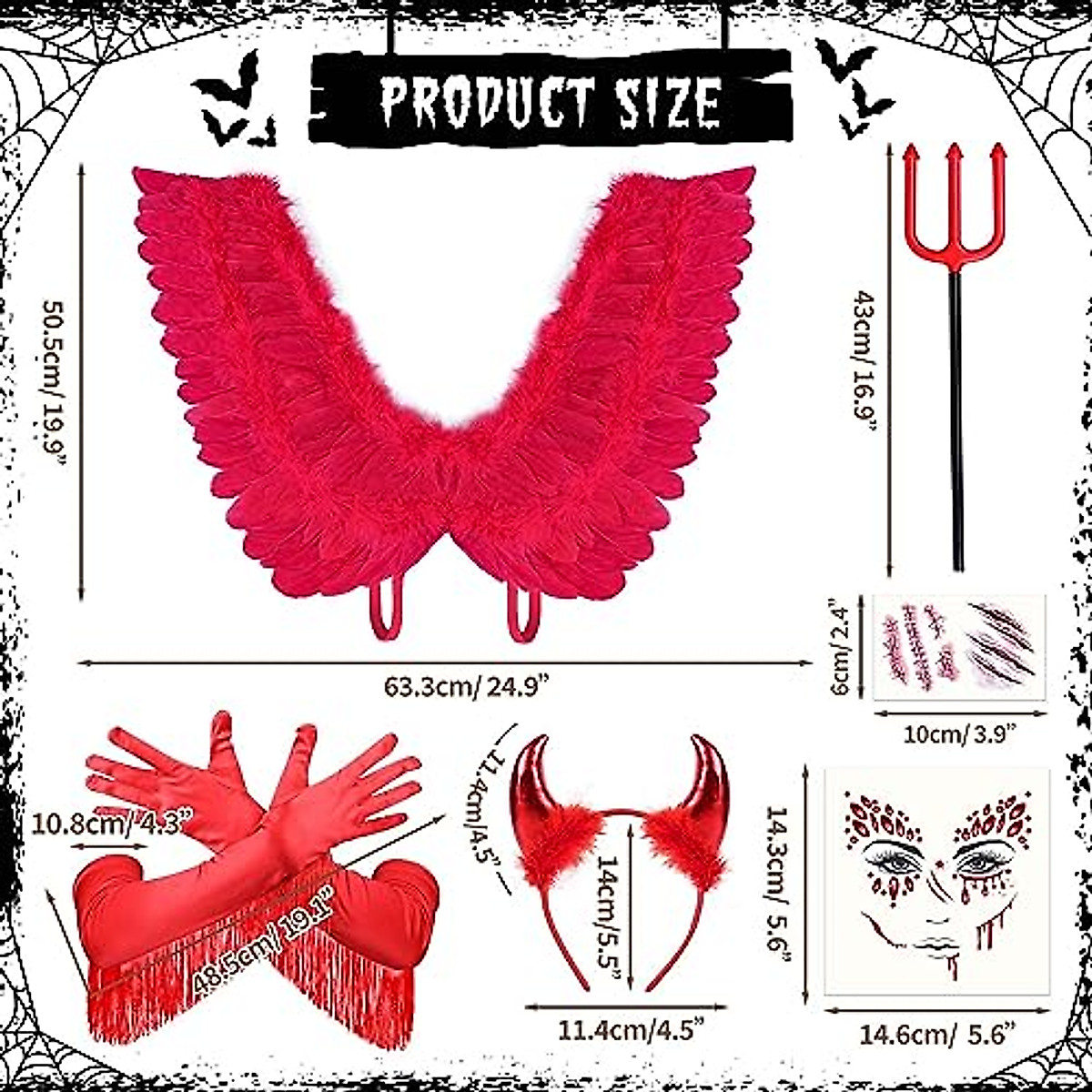 MOVINPE Red Devil Halloween Costume Accessories Set, Infernal Feather Wings Devil Horns Headband Trident Self Adhesive Face Gems Jewels Wound Tattoos for Girls Woman Cosplay Party