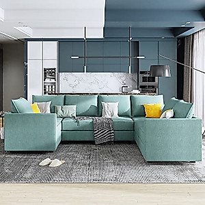 HONBAY Reversible Modular Couch Modern Polyester Sectional Sofa with Chaise & Storage Seat 112'' U-Shaped Couch for Living Room, Aqua Blue
