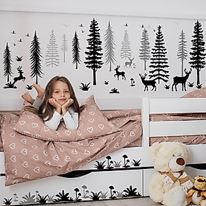 8 Pieces Winter Forest Wall Stickers Nursery Snowflake Wall Decals Dreamy Forest Wall Stickers Deer Pine Tree Wall Decals Woodland Trees Wall Decals for Kids Room Winter Decor(Black, White, Gray)