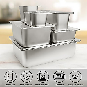 6 Set Stainless Steel Hotel Pans 1/6 Size 4 Inch Deep With Lids, Anti-Jam Chafing Steam Table Pans, Catering Food Storage Metal Pan