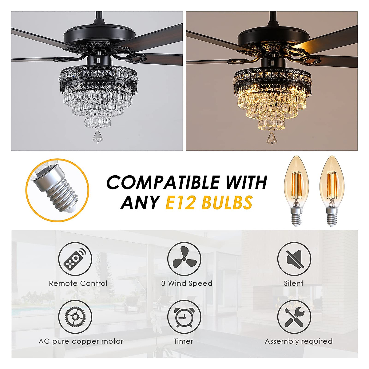 Crystal Ceiling Fan Fandelier with Lights - Modern Outdoor Fans with Remote Control，Noiseless AC Motor, Retro/Farmhouse Lighting, Dining Room， Living Room (52"