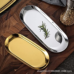 1 Pcs Gold Trinket Tray Oval Stainless Steel Small Serving Trays Towel Storage Dish Plate Tea Fruit Trays Jewelry Plate Decorative Storage Tray (Gold 1pcs, 9 x 3.8 Inch)