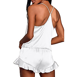 CHYRII Women's Sexy Cami Pajamas Sets Silk 2 PCS Lounge Sets with Ruffled Shorts Sleepwear White S