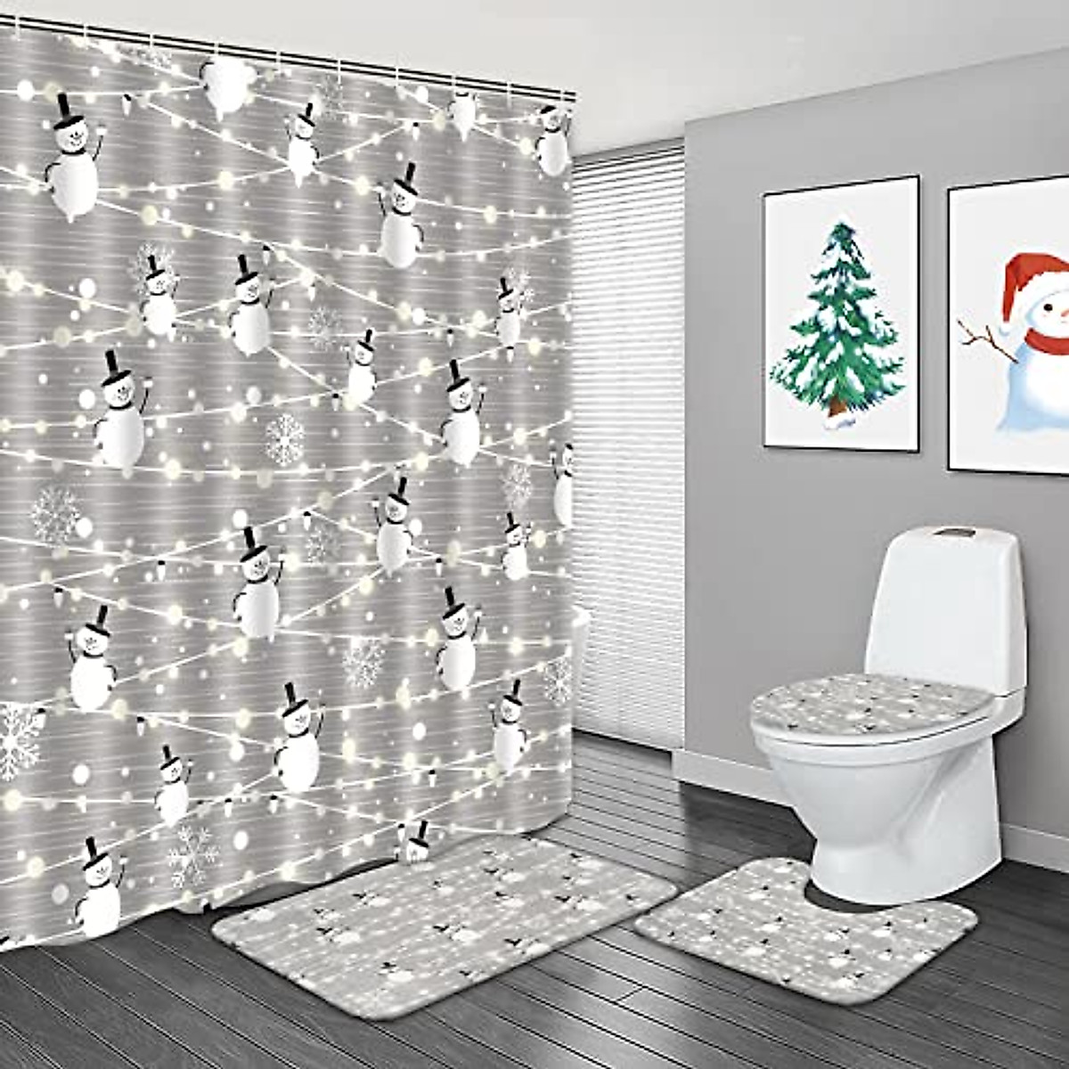 Alishomtll 4 Pcs Merry Christmas Shower Curtain Sets with Non-Slip Rugs, Toilet Lid Cover and Bath Mat, Xmas Snowman Shower Curtains with 12 Hooks, Snowflake Shower Curtains for Bathroom Decoration