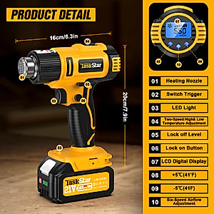 TaskStar Heat Gun with Two 4.0Ah Battery,21V Cordless Heat Gun 122℉-1022℉ Fast Heating Soldering,Hot Air Gun Kit with LCD Digital,6 Nozzle, Led Light,Suitcase for Shrink Tubing, PVC Wrap, Crafts